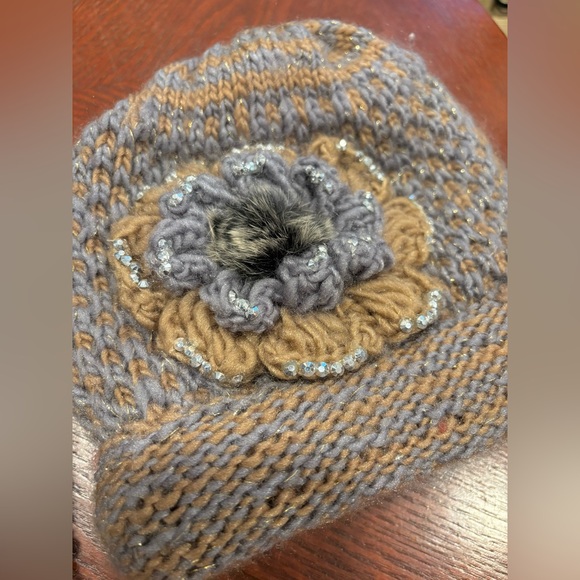 Accessories | Gray And Tan Knit Beanie With Floral Design | Poshmark